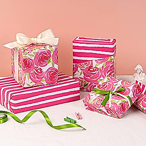 RUSPEPA Reversible Wrapping Paper Roll - Watercolor Style Pink Rose and Stripe Pattern Great for Mother's Day, Birthday, Party, Wedding and More - 17 Inches X 32.8 Feet