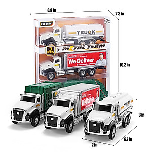 TEMI 3 Pack of Diecast City Transport Vehicles, Garbage, Tanker, Express Delivery, 1/50 Scale Metal Collectible Models With Opening Doors for Boys and Girls