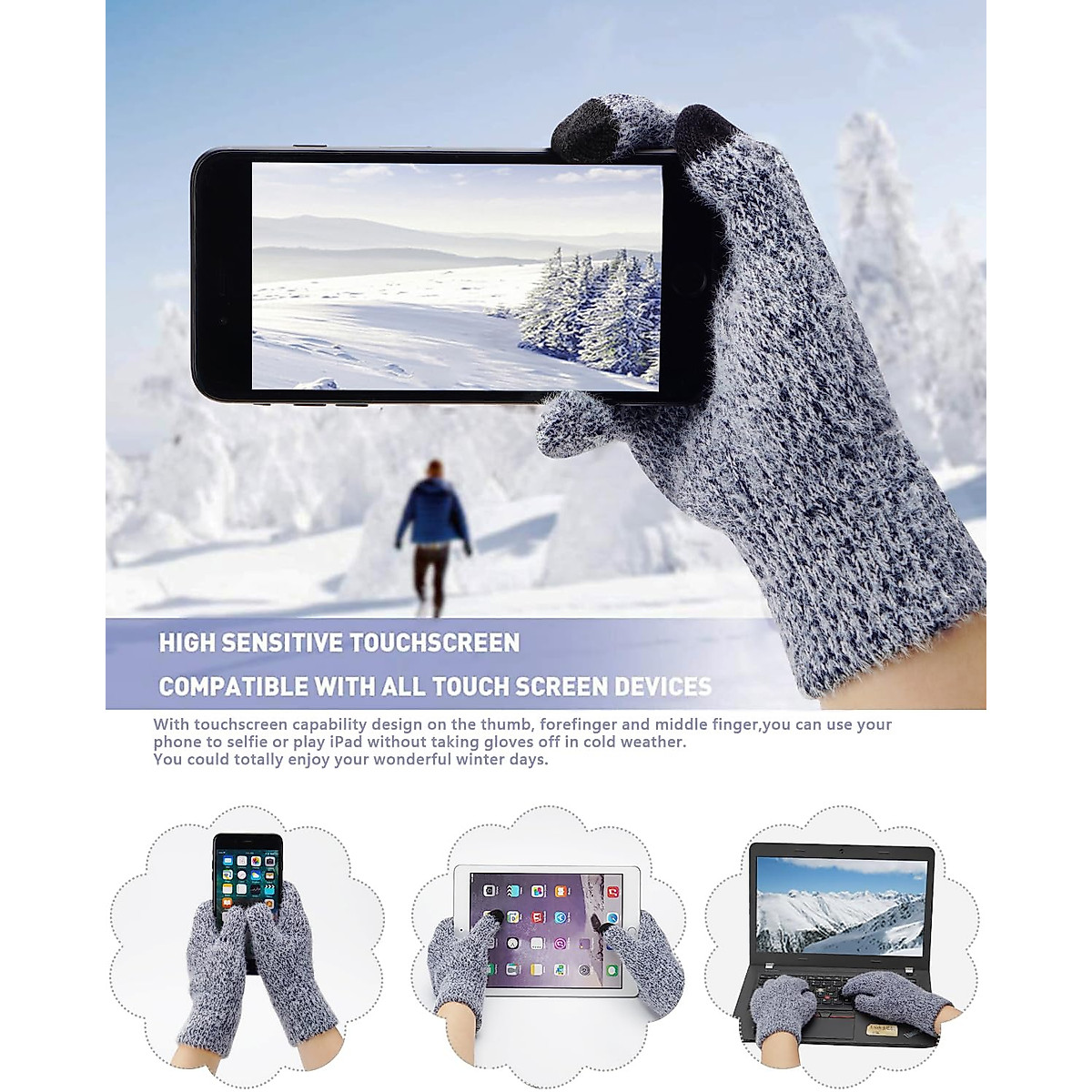 Womens Winter Warm Knit Beanie Hat Touchscreen Gloves Long Neck Scarf Set with Fleece Lined Skull Caps Gifts for Women Men