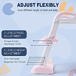 Potty Training Toddler Seat with Double Step Ladder, Babevy Potty Step Stool for Kids, Foldable Potty Toilet Seat with PU Cushion, 6-Leves Height and Wide Anti-Slip Pad for Baby Boys Girls, Pink