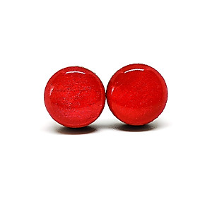 Stud Earrings, Shimmer, 10 mm, Handmade, Stainless Steel Posts for Sensitive Ears Stud for Women Men Girls (Scarlet Red Shimmer)