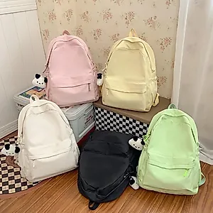 JHTPSLR Preppy Backpack with Plushies Cute Aesthetic Backpack Solid Kawaii Backpack Waterproof Laptop Backpack Casual Daypack (Black)