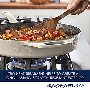 Rachael Ray NITRO Cast Iron Frying Pan/Skillet with Helper Handle and Pour Spouts, 12 Inch, Almond