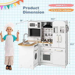 Costzon Kids Corner Kitchen Playset, 11-in-1 Wooden Play Kitchen Toy Set w/Realistic Washing Machine, Microwave, Oven, Stove, Refrigerator, Water Dispenser, Range Hood, Telephone, Utensils, Sink