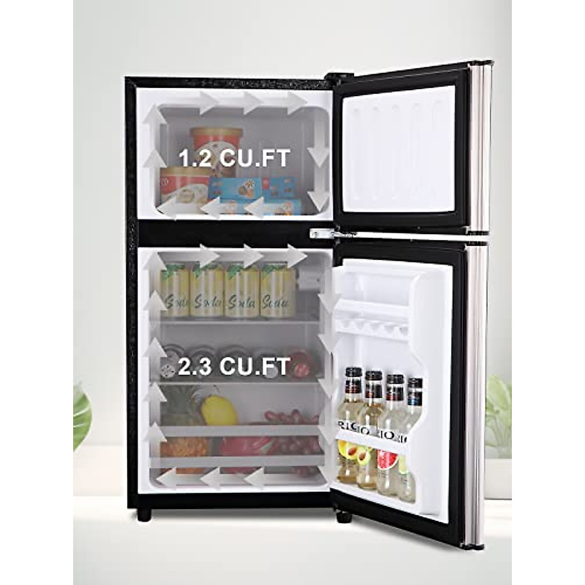 KRIB BLING 3.5 Cu.Ft Mini Fridge,Small Refrigerator 7 Level Adjustable Thermostat Removable Shelves with Stainless Steel 2 door for Office Dorm Apartment Silver