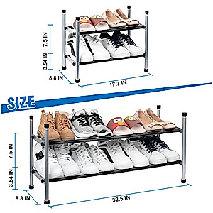 HEDOMII 2-Tier Expandable Shoe Rack, Stackable and Adjustable Shoes Organizer Storage Shelf, Sturdy and Durable Metal Structure Free Standing Shoe Rack for Closet Entryway Doorway