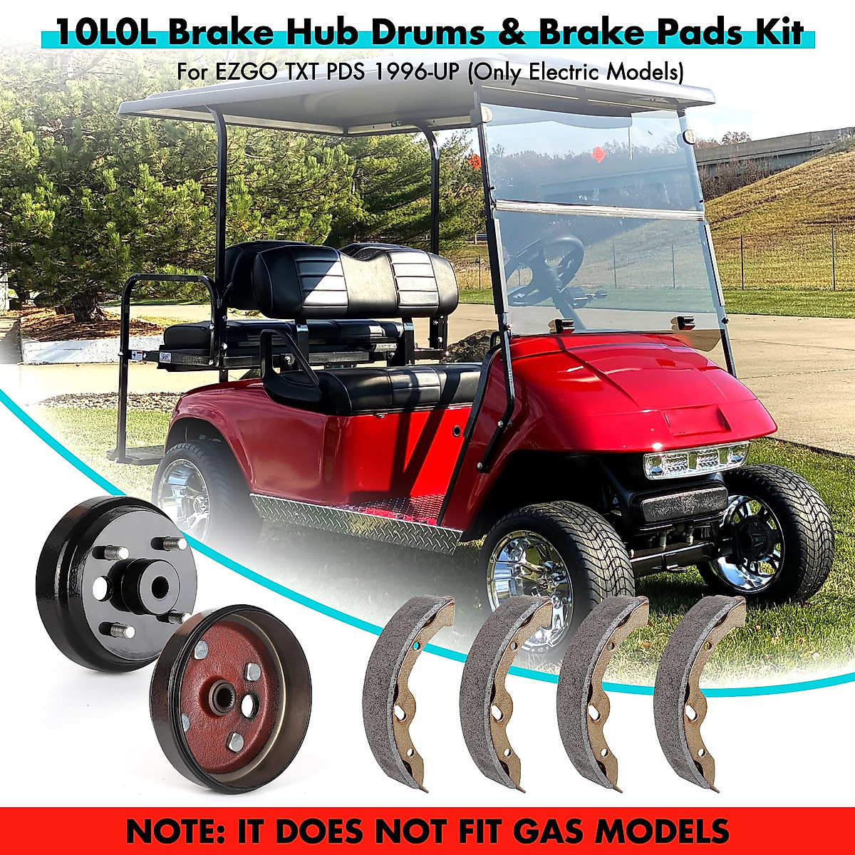 10L0L Golf Cart EZGO Brake Maintenance Kit for 1997-Up Electric EZGO TXT PDS,Incl. Brake Hub Drums & Brake Pads/Shoes, OEM# 19186G1, 70794G01, 70795G01, 27943G01(NOT FIT Gas Models)