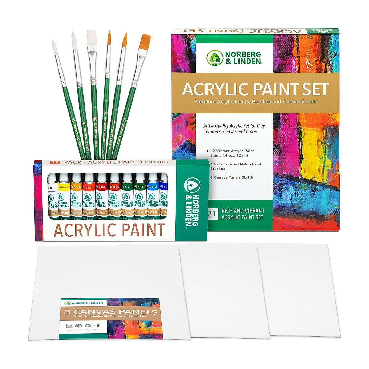 Norberg & Linden Acrylic Paint Set -12 Acrylic Paints, 6 Paint Brushes for Acrylic Painting, 3 Painting Canvas Panels - Premium Art Supplies for Adults Canvas Painting