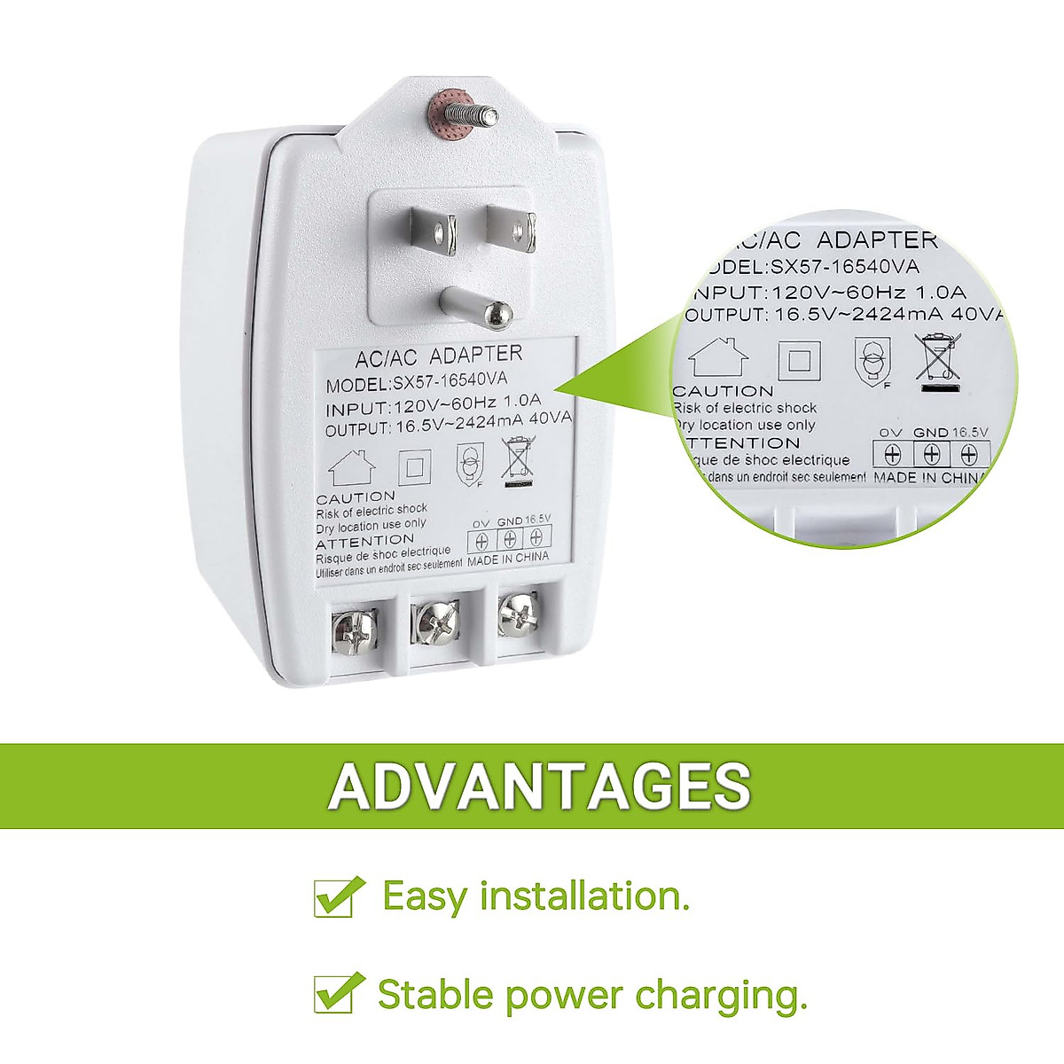 EPLZON 16.5V 40VA Plug in Thermostat and Doorbell Transformer Compatible with Nest, Ecobee, Sensi and Honeywell Thermostat and All Versions of Ring Doorbell