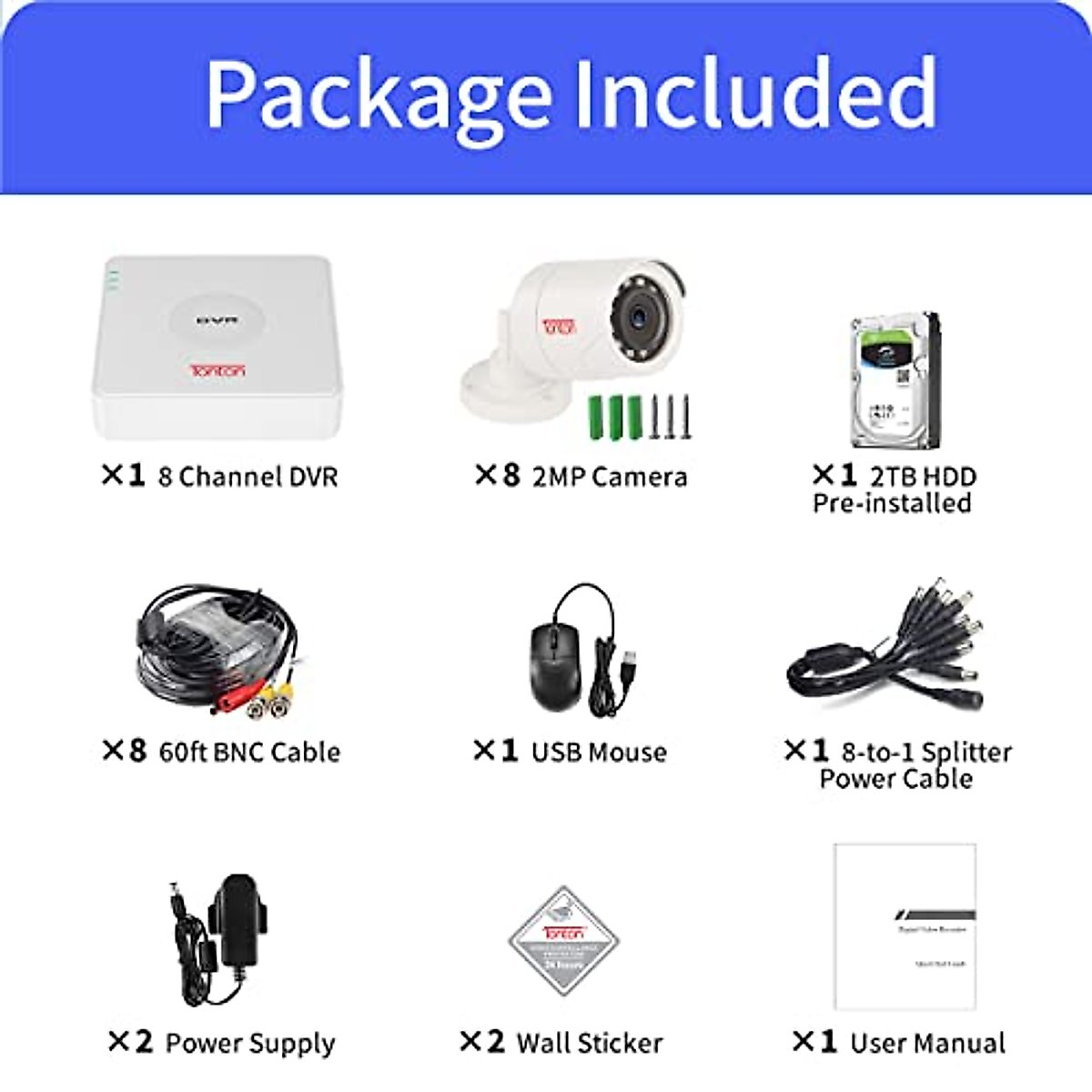 Tonton 5MP Lite 10 Channel Security Camera System,10CH H.265+ Hybrid DVR with 2TB HDD and 8PCS 2.0MP Weatherproof CCTV Bullet Cameras,Easy Remote Viewing,Motion Detection
