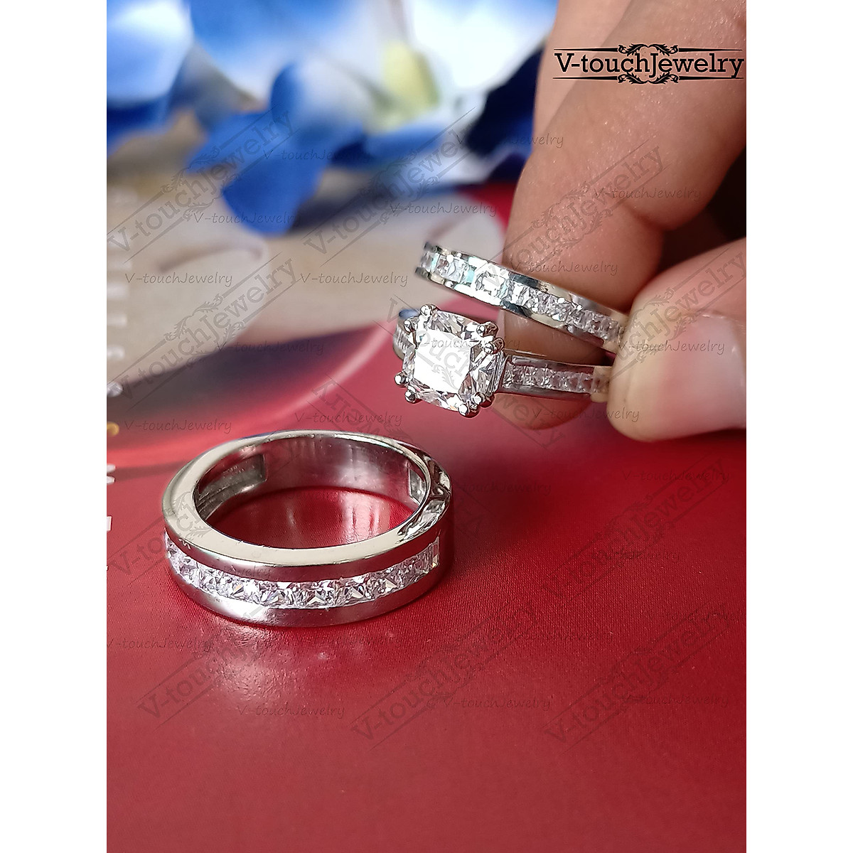 V Touch 14K White Gold Plated 925 Sterling Sliver 3 Piece Wedding His Engagement & Her Band Rings Sets Cushion & Princess Cut Created Diamond for Couple Mens and Women Trio Ring Set