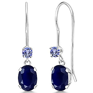 Gem Stone King 14K White Gold Blue Sapphire and Blue Tanzanite French Wire Dangle Earrings For Women (1.26 Cttw, Gemstone September Birthstone, Oval 6X4MM and Round 2.5MM)