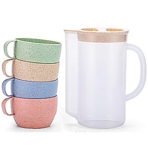 UDOIT Unbreakable Wheat Straw Kettle Set with 4 Multicolor Cups for Kids Children Toddler Adult, Lightweight Natural Reusable Drinking Mugs Pitcher Jug for Coffee, Tea, Water, Milk, Juice
