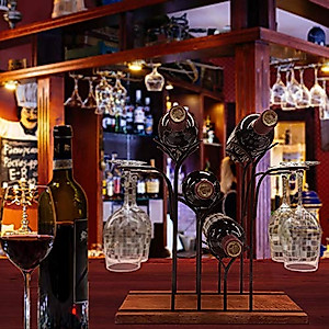 Tabletop Wood Wine Holder, Countertop Wine Rack, Hold 4 Wine Bottles and 4 Glasses, Perfect for Home Decor & Kitchen Storage Rack, Bar, Wine Cellar, Cabinet, Pantry, etc, Wood & Metal (Bronze)
