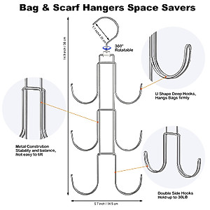 HOZOMT Belt Hanger for Closet,Tie Rack,Closet Belt Organizer for Men,Metal Hat Organizer,360°Rotating Purse Hanger Closet,6 Hooks Travel Hangers Space Saving,Hanging Storage for Bag,Scarf,Wig (2 Pack)