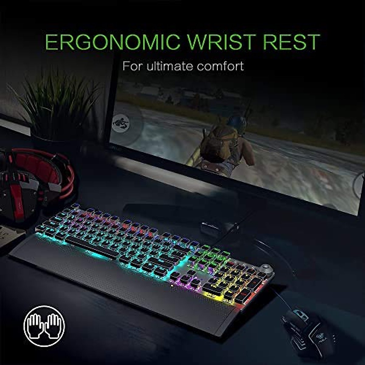 Fiodio Mechanical Gaming Keyboard, LED Rainbow Gaming Backlit, 104 Anti-ghosting Keys, Quick-Response Black Switches, Multimedia Control for PC and Desktop Computer, with Removable Hand Rest