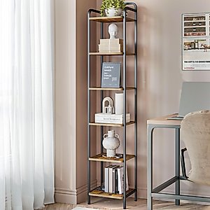Hzuaneri Bookcase Bookshelf, Narrow Book Shelf, Industrial Corner Shelf Storage Organizer, Slim Shelving Unit for Home Office, Living Room, Bedroom, Kitchen, 6-Tier Rustic Brown and Black BC24601B
