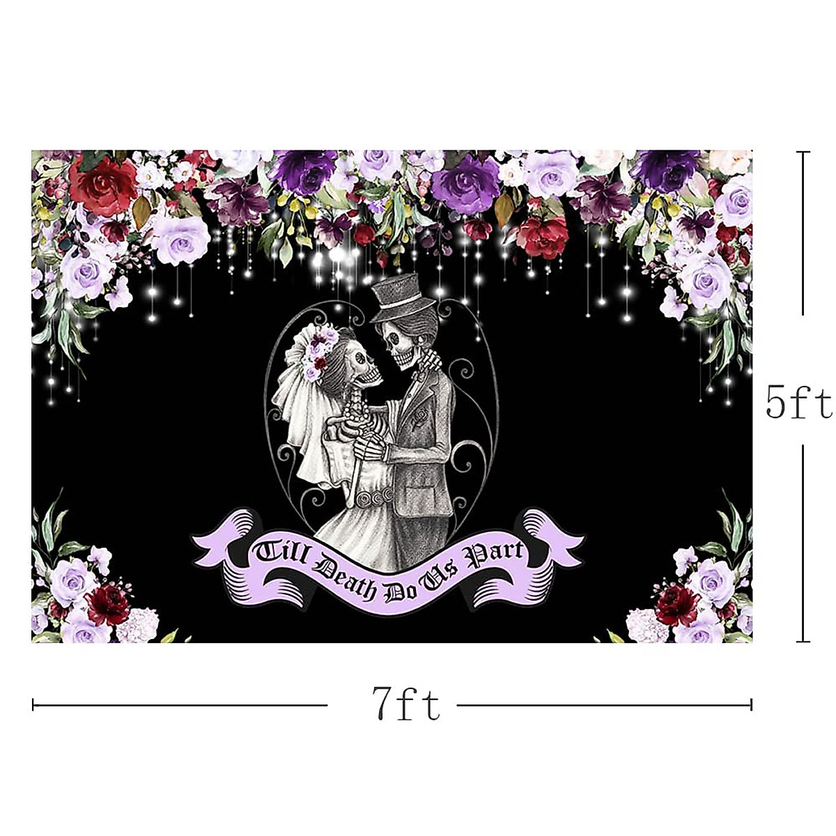 MEHOFOND 7x5ft Halloween Till Death Do Us Part Backdrop for Spooky Wedding Gothic Bridal Shower Background Violet Floral Mr and Mrs Bride and Groom Skull Anniversary Party Decorations Photo Props