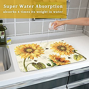 Sunflower Bee Dish Drying Mat for Kitchen Counter Decor 18x24 Inch Floral Absorbent Reversible Microfiber Dish Drying Pad Flower Dish Drainer Rack Mats for Coffee Bar