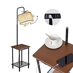 ELYONA Industrial Table Floor Lamp, Solid Wood End Table lamp with USB Type-C Charging Port & Power Outlet, Side Table Shelf Tall Pole Standing Light for Living Room,Bedroom,LED Bulb Included, Brown