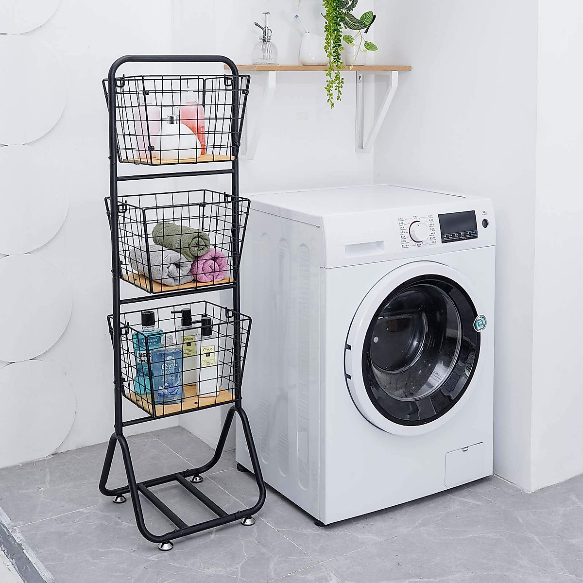 X-cosrack 3-Tier-fruit-Wire-Market-Basket-Stand Kitchen Snack Vegetable Metal baskets Storage Tiered Wire Basket Organizer Free-Standing for Fruit Vegetable Storage Pantry Bathroom (Bamboo)