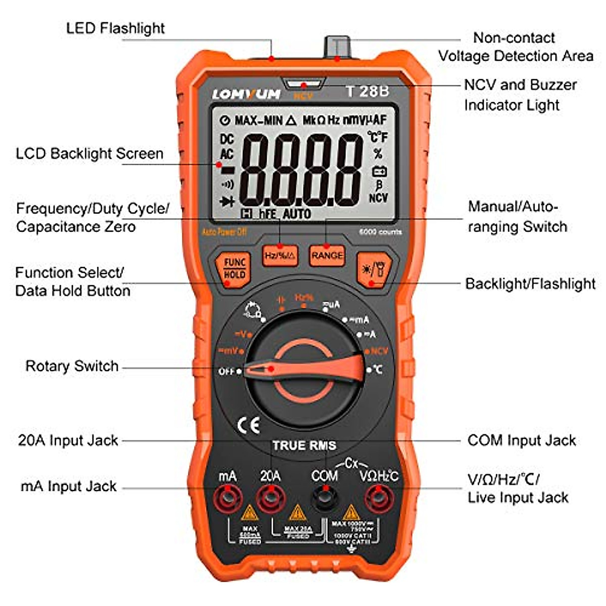 LOMVUM Digital Multimeter, 6000 Counts Auto-Ranging Voltage Tester Meter with Ohm Volt Amp Capacitance Temperature Frequency Diode Backlit LCD and Flashlight