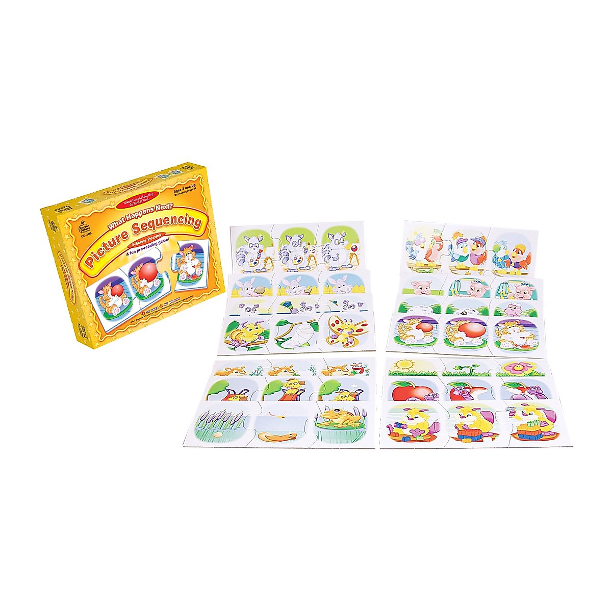 Carson Dellosa What Happens Next? Pre-Reading Puzzle Game Set, Colorful 3-Scene Picture Sequencing Phonics Game With 14 3-Scene Puzzles, Ages 4+ (42 pc)