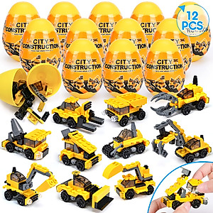EZIGO Easter Eggs Fillers with Construction Vehicles Building Blocks, 12 Pack Bulk Toy, Basket Stuffers Easter Party Favors Supplies Classroom Prize Easter Hunts Gift for Kids