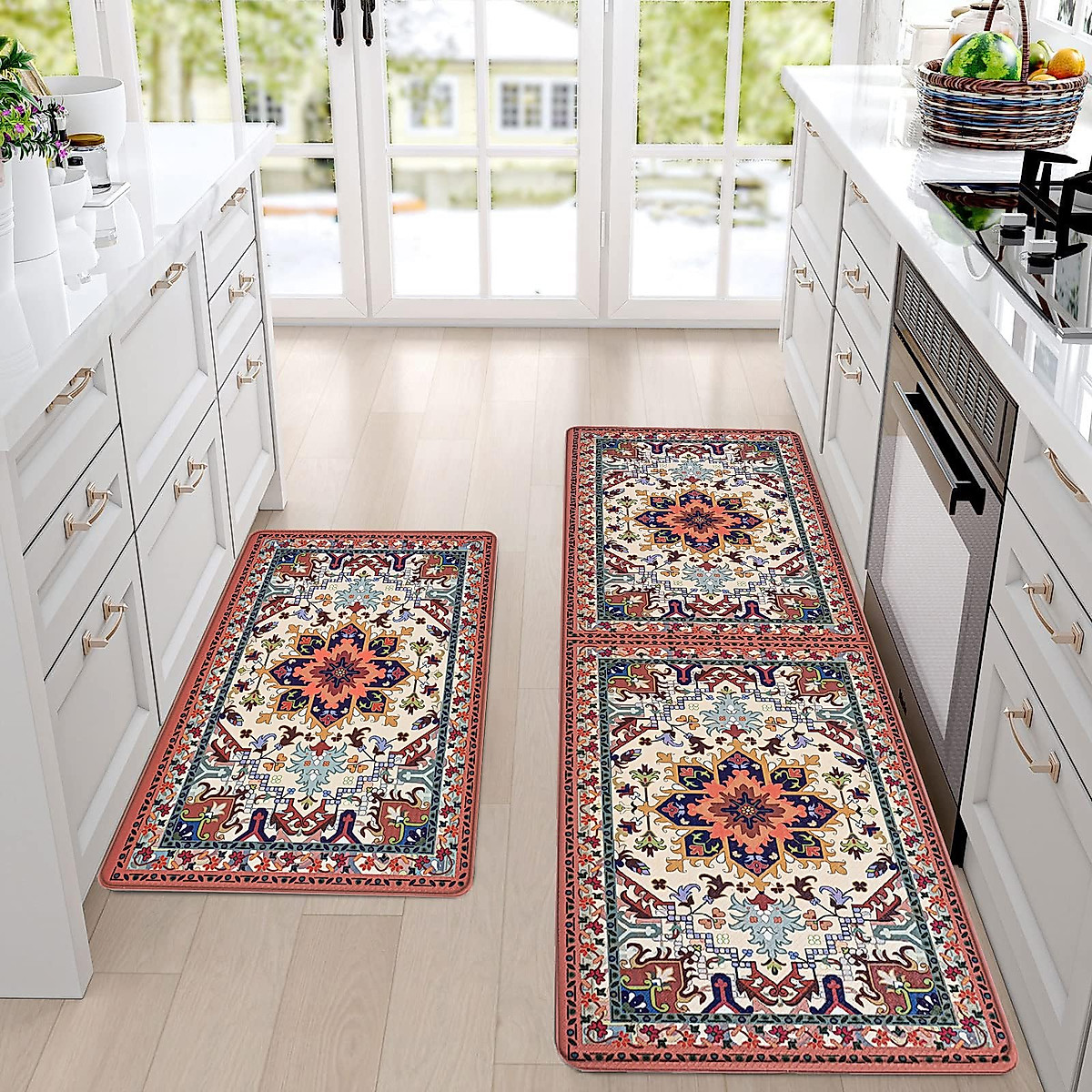 ASPMIZ Kitchen Mats Cushioned Anti Fatigue 2 Piece Set Boho, Washable Kitchen Rugs Non Slip Farmhouse, Bohemian Kitchen Floor Mats for in Front of Sink Waterproof, 17'' x 47'' + 17'' x 30'', Red