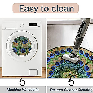 Peacock Feather Area Rugs Washable Indoor, Animal Mandala Round Rug Non-Slip Circle Rug Modern Round Area Rug for Living Room, Bedroom, Dining Room (3' Diameter)