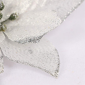 Christmas Glitter Flower Ornaments,Jchen 16Pcs Glitter Bling Christmas Tree Ornaments Artificial Christmas Flowers Christmas Tree Decoration Flower for Christmas Home Party Wedding Decor (Silver)