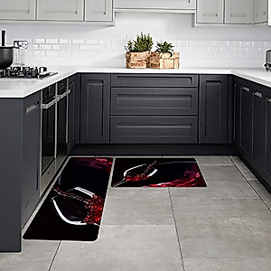 2 PCS Cushioned Anti-Fatigue Kitchen Mats and Rugs, Red Wine in Grass Absorbent Bath Mat Non-Slip Rug Accent Runner Floor Carpet Washable Indoor Doormat Standing Comfort Mat Abstract Black Background