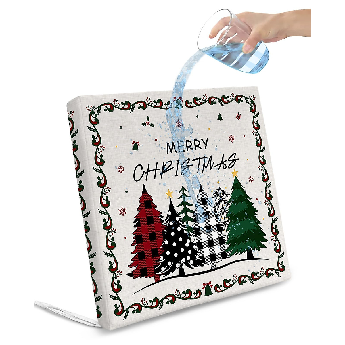 Merry Christmas Tree Outdoor Cushion Chair Cover Set of 2 - Waterproof Couch Seat Covers, Red Plaid Green Xmas Tree Snowflake Patio Furniture Protector Slipcovers for Sofa/Garden/RV, 20"x18"x4"