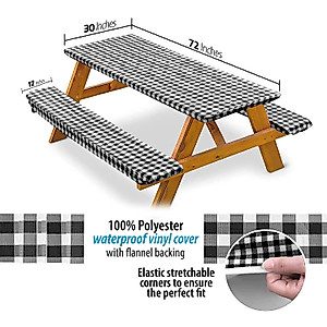 8ft Picnic Table Covers with Bench Cover 96"x30" , 8 Foot Tables Picnic Table Cover 3-Piece Set Flannel Backing Elastic Edge Waterproof Wipeable Plastic Cover for Indoor Outdoor Patio