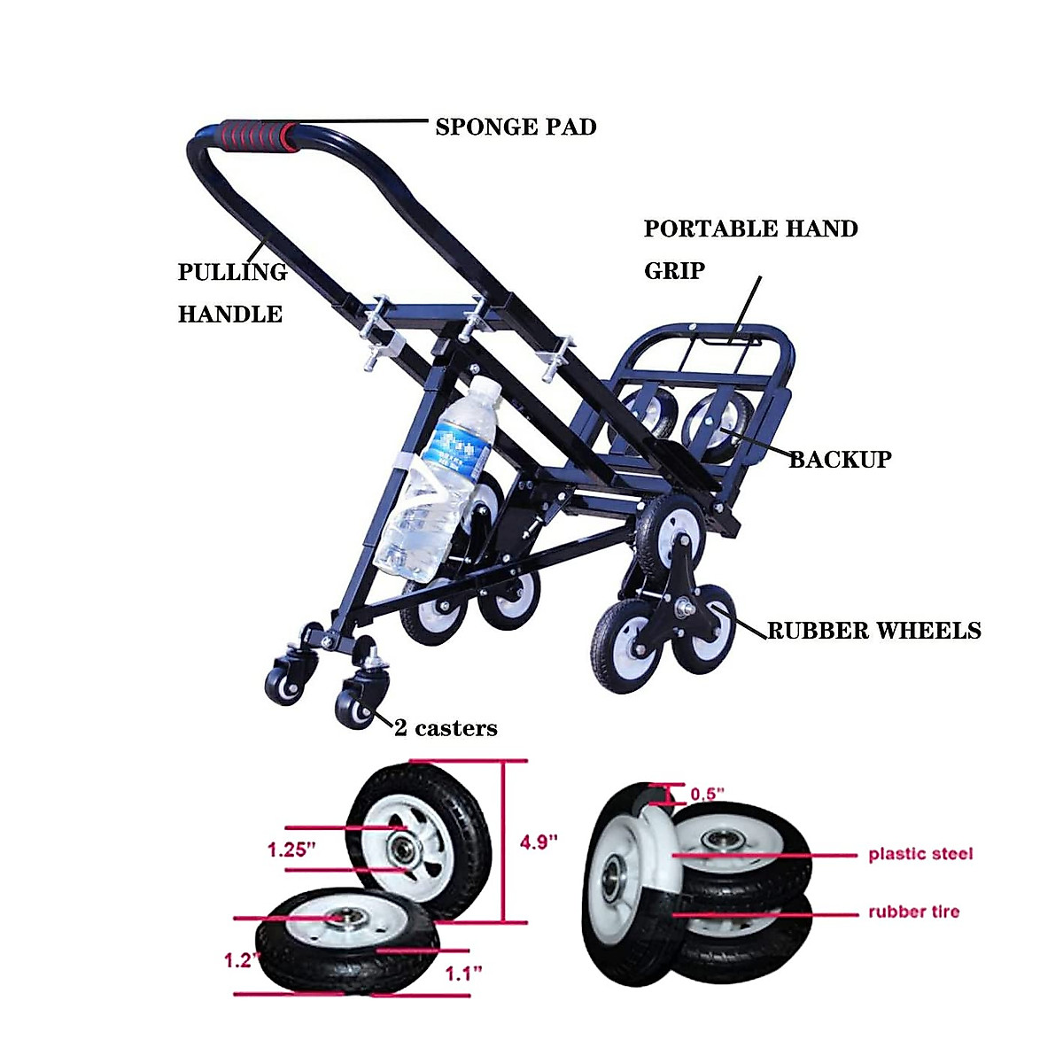 INTBUYING Stair Climber Hand Trucks Portable Folding,Rubber Mute Wheel,Adjustable Handle Length.420 LBS Capacity Handcart Luggage Cart with 6 Wheels and 2 Backup Wheels (Black)-with 2 Casters