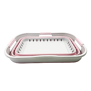 SAMMART 21L (5.5 gallon) Super Mini Collapsible 3 Handled Plastic Basket - Foldable Pop Up Storage Container/Organizer - Space Saving Hamper/Basket (Grey/Pale Pink)