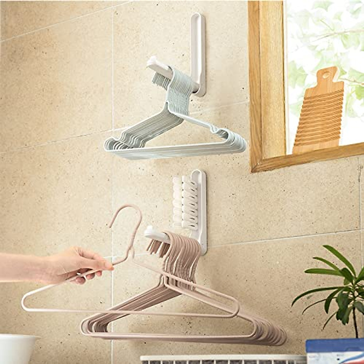 Door Hanger Organizer for Closet,Hanger Organizer Stacker,2 Pack White,Comes with 6 Pieces of Non-Marking Stickers,Sticker in Closet, Wall,Space Saver,Laundry Hanger Stacker Organizer Stand Plastic