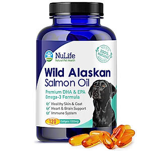 Pure Wild Alaskan Salmon Oil for Dogs, Omega 3 Fish Oil Supplement for Healthy Skin & Shiny Coat, Prevents Itchy Skin, Skin Allergies & Shedding, 120 Soft Capsules