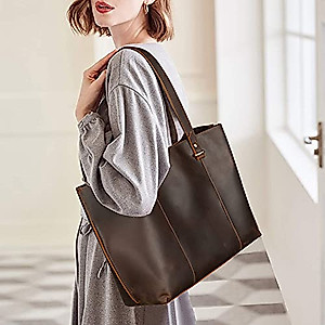 TIDING Vintage Full Grain Leather Tote Shoulder Bag for Women Business Work Satchel Handbag with Top Handles