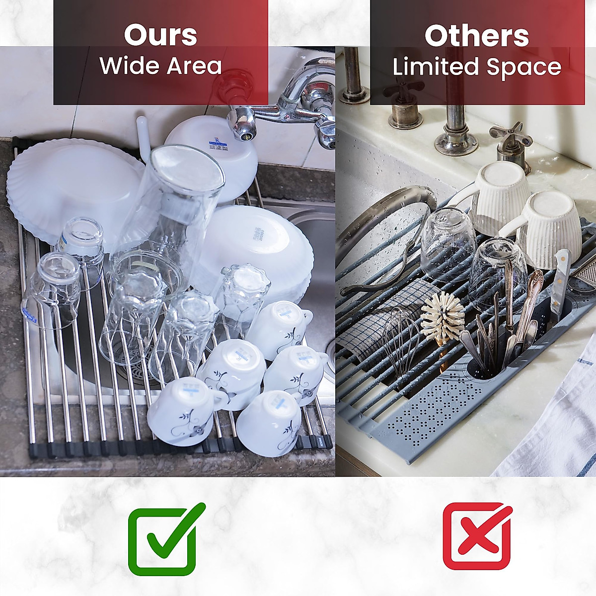 R RESERVE Upgraded, Roll up Dish Drying Over The Sink Rack Mat with Stainless Steel Wires, Rollable, Large, Black/Silver, (15.5" x 23")