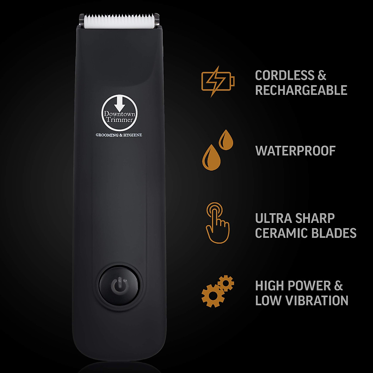 Downtown Trimmer, Electric Groin Hair Trimmer & Body Trimmer for Men, Replaceable Ceramic Blade Heads, Rechargeable, Waterproof, Elite Male Hygiene Machine