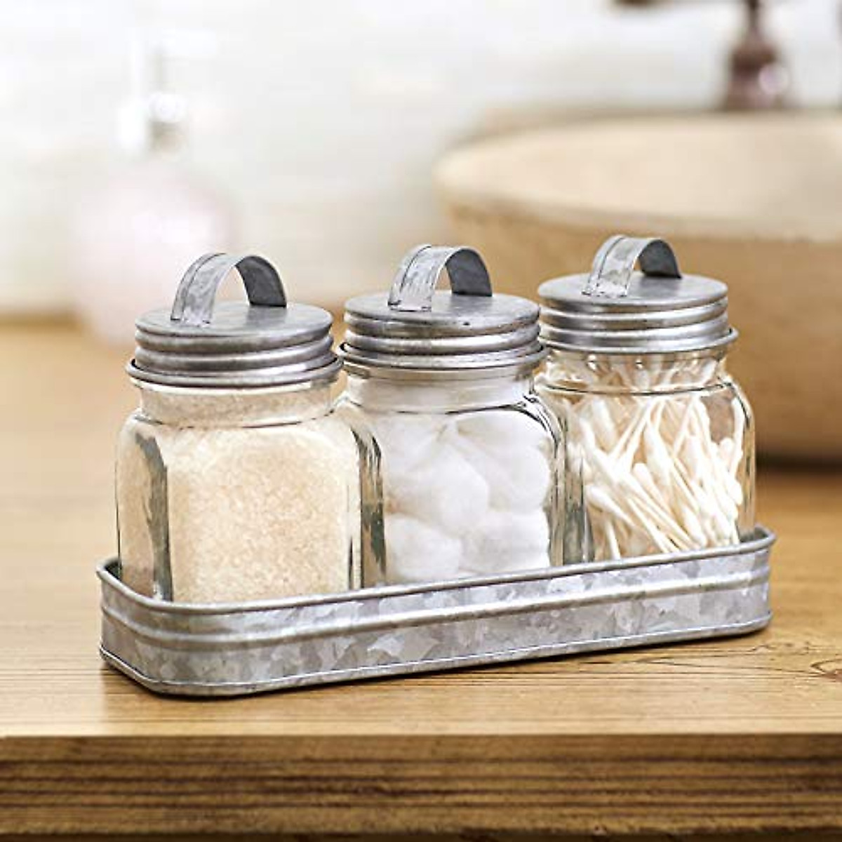 The Lakeside Collection Glass Canisters in Galvanized Tray - Farmhouse Spice Container Set of 3
