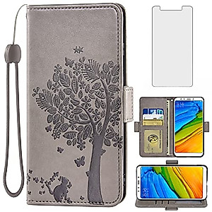 Asuwish Compatible with Xiaomi Redmi 5 Wallet Case and Tempered Glass Screen Protector Flip Purse Accessories Wrist Strap Credit Card Holder Stand Folio Cell Phone Cover for Redmi5 Women Men Gray