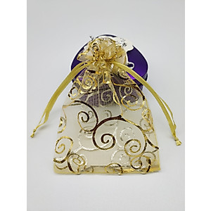 Ankirol 100pcs Sheer Organza Favor Bags For Wedding Baby Shower Rattan Print Gift Bags Samples Display Drawstring Pouches (3x4 inch, gold)