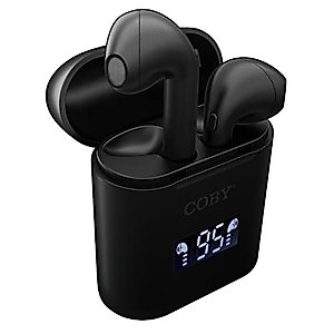 Coby True Wireless Earbuds with Charging Case, Wireless Bluetooth Earbuds, in Ear Headphones Wireless Bluetooth, Smart Battery Display, Built-in Microphone, Auto Pairing, 6.5 Hours Play, (Black)