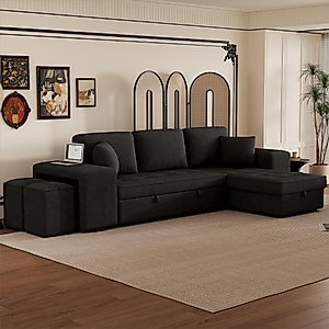 Merax 3 Seat Reversible Sectional Couch, Modern L-Shape Pull Out Sleeper Sofa with Storage Chaise and 2 Stools for Living Room Furniture Set, Gray