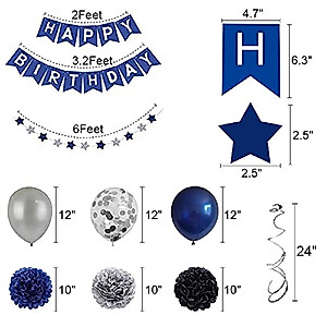 Blue Birthday Party Decorations for Men Women Boys Girls,Birthday Party Supplies Birthday Balloons, Happy Birthday Banner,Tissue Pompoms, Hanging Swirl Star Garland for Birthday Decorations of All Age