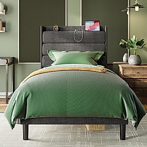 LIKIMIO Twin XL Bed Frames, Storage Headboard with Outlets, Sturdy and Stable, No Noise, No Box Springs Needed, Dark Gray
