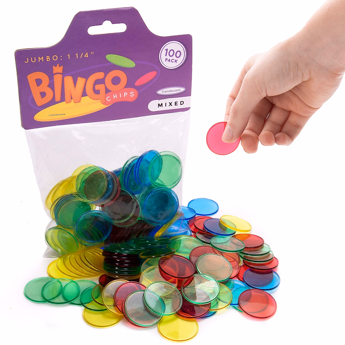 100 Jumbo 1.25" Bingo Chips for Large Print Cards - Educational STEM Resource - Large Translucent Colored Counting Markers