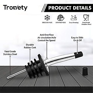 Trovety Liquor Bottle Dispenser Spouts – Classic Speed Pours for Alcohol, Olive Oil and Shave Ice Syrup – Rustproof Stainless Steel with Tapered Pouring Funnels and Dust Caps (2)
